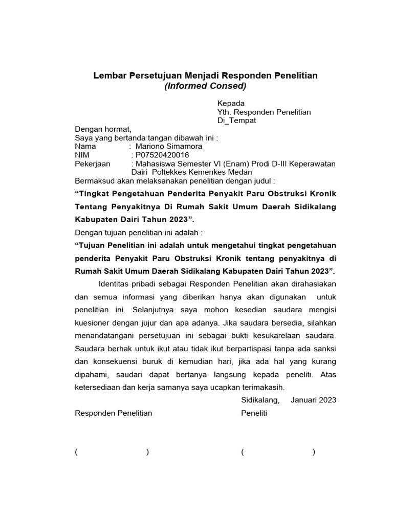 Persetujuan Responden Penelitian | PDF