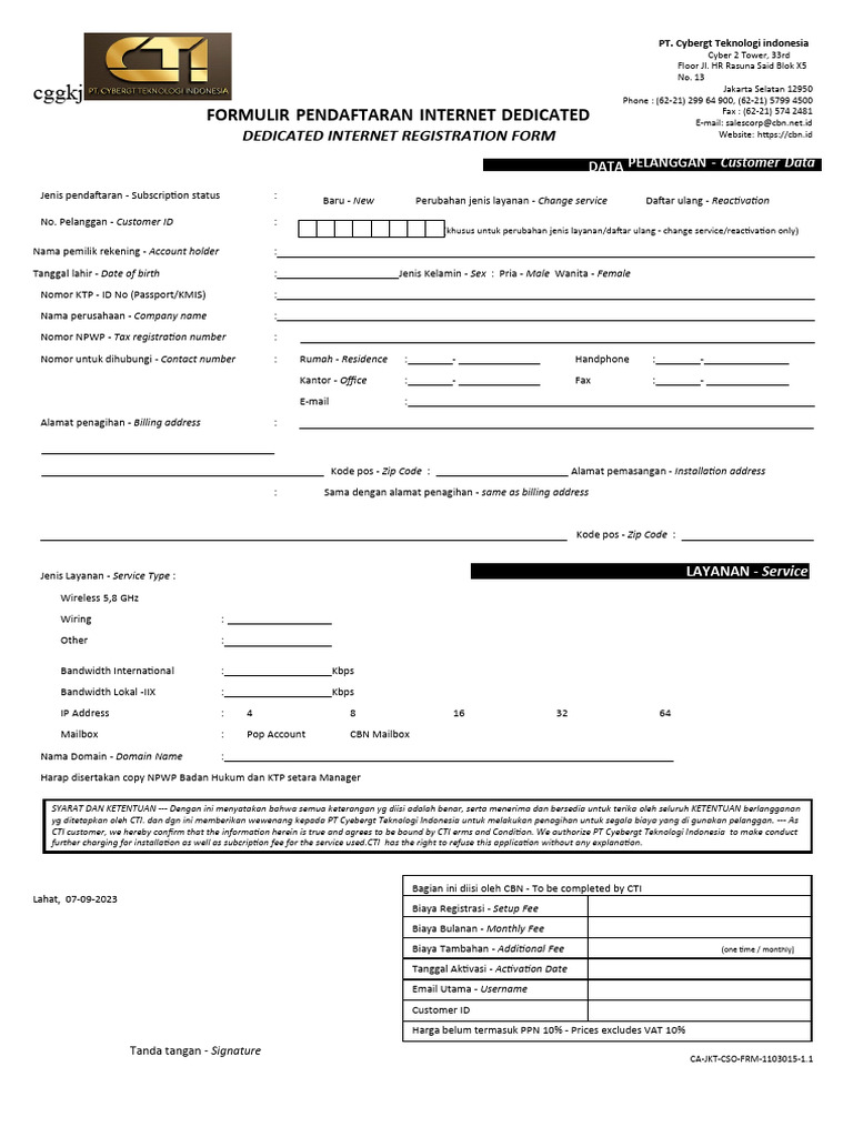 Formulir Pendaftaran Internet Dedicated | PDF