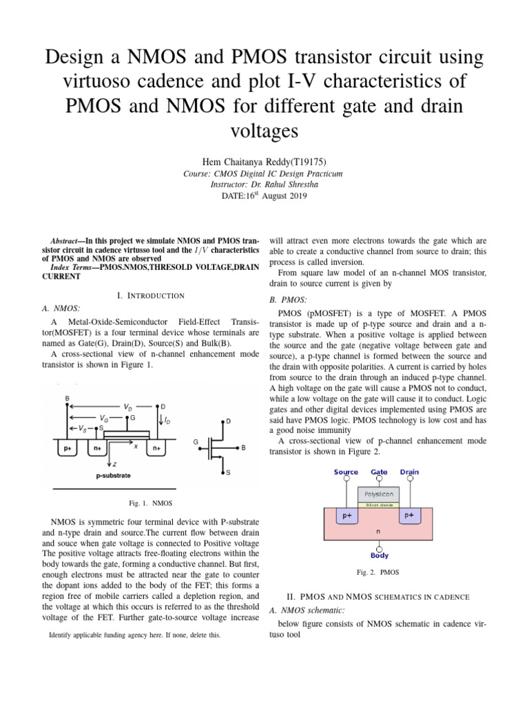Design A Nmos And Pmos Transistor Circuit Using Virtuoso Cadence And Plot I V Characteristics Of