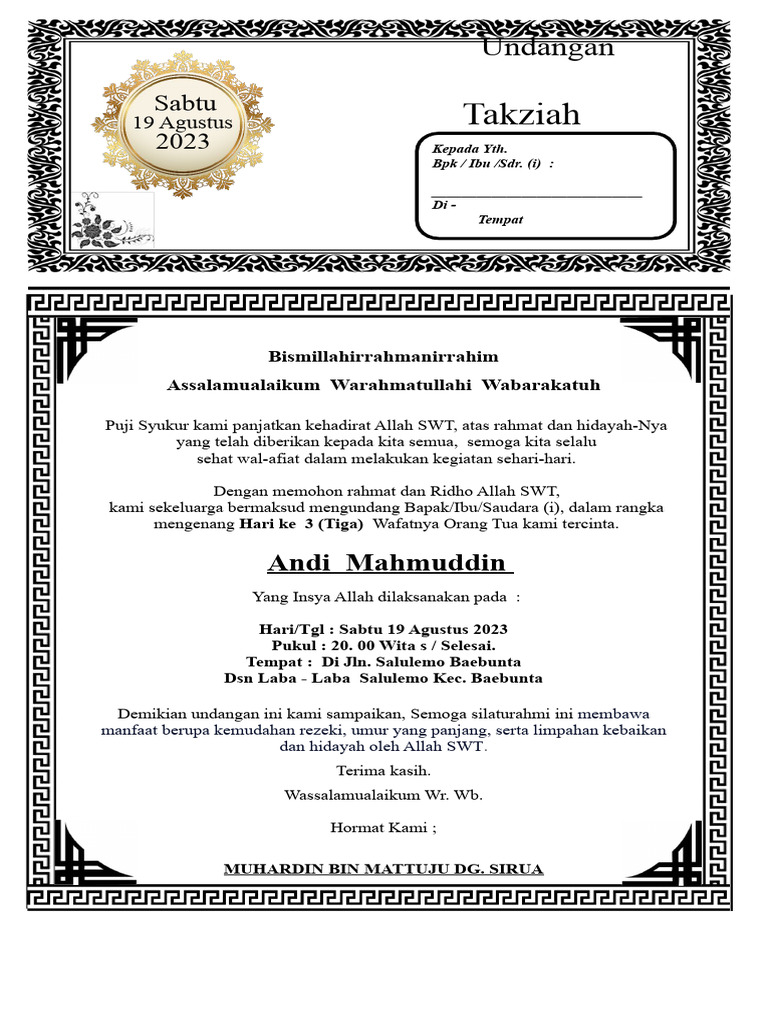 Undangan Takziah Hari ke-3 | PDF
