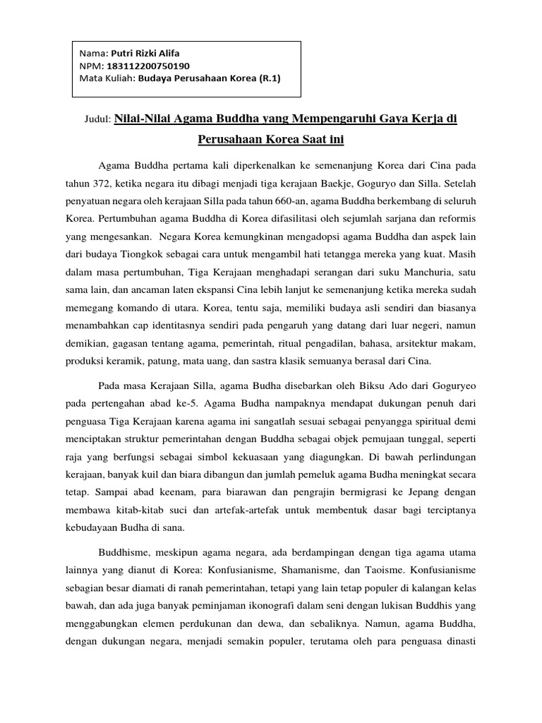 Tugas Makalah - Budaya Perusahaan Korea (R1) - Putri Rizki Alifa | PDF