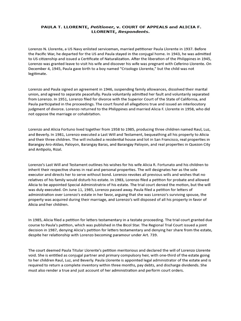 Case Digested Paula T. Llorente, Petitioner, V. Court of Appeals and Alicia F. Llorente ...