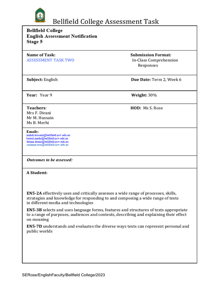 2023 Bellfield Year 9 English Assessment Task TWO Notification - Docx 2 3 | Download Free PDF ...