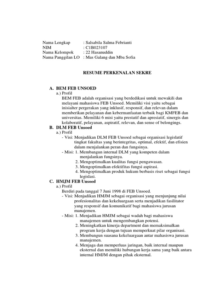 Profil Organisasi Mahasiswa FEB Unsoed | PDF