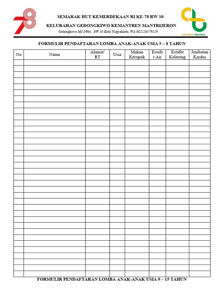 FORMULIR PENDAFTARAN LOMBA (ANAK) - Print Copy 2x | PDF
