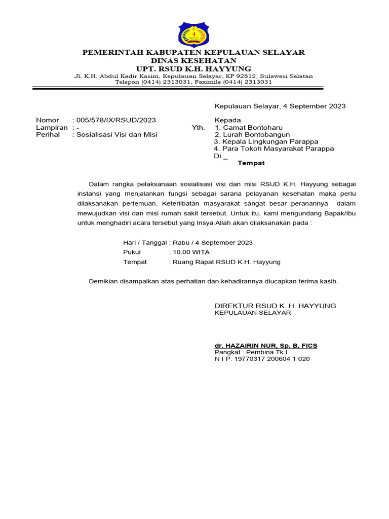 Surat Undangan Sosialisasi Visi Dan Misi RSUD 2023 | PDF