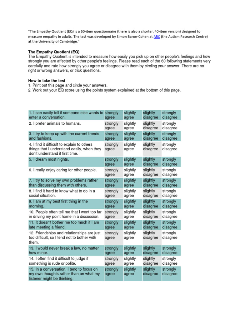 Empathy Quotient Assessment | PDF | Empathy | Psychological Concepts Empathy Quotient Assessment | PDF | Empathy | Psychological Concepts