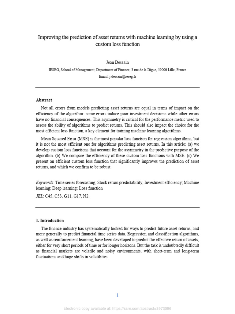AAA Improving The Prediction of Asset Returns With Machine Learning by Using A Custom Loss | PDF ...