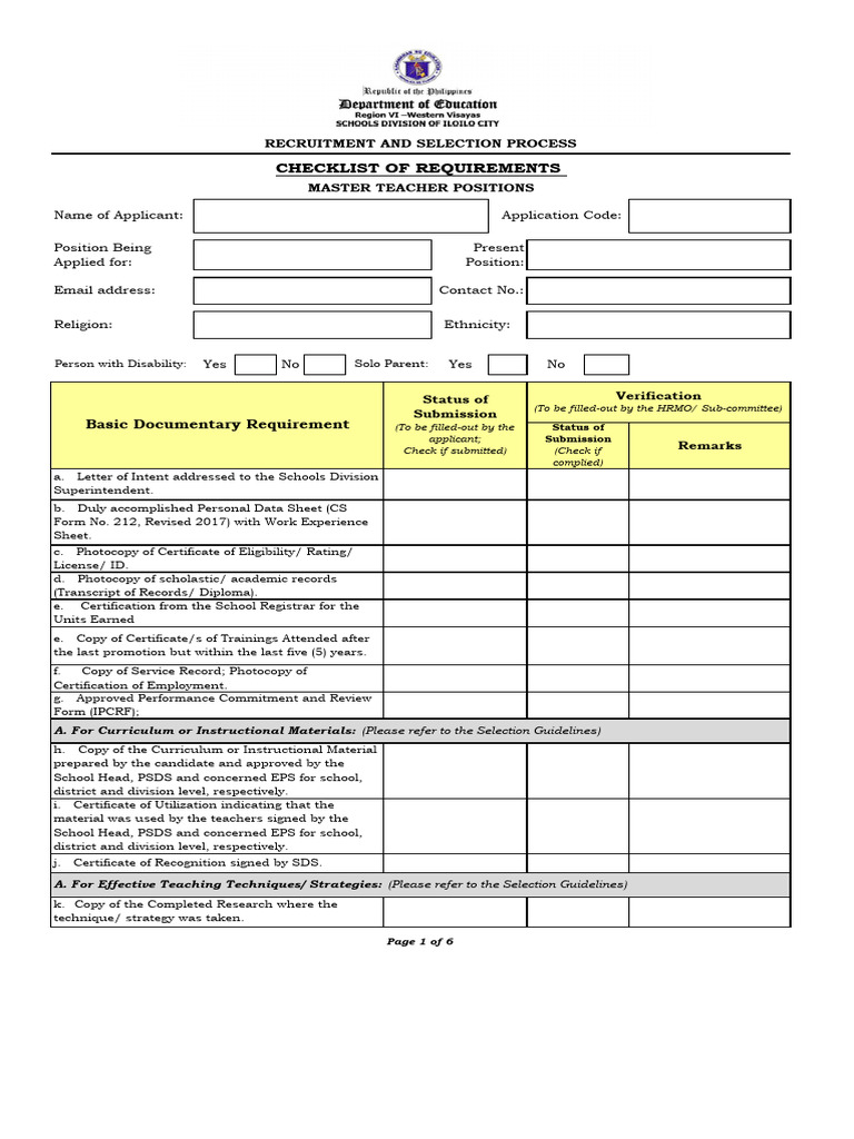 Master Teacher Positions - Checklist of Requirements | PDF | Teachers