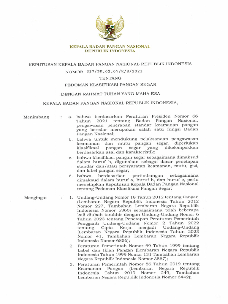 SK Kepala Badan Pangan Nasional Tentang Pedoman Klasifikasi Pangan ...