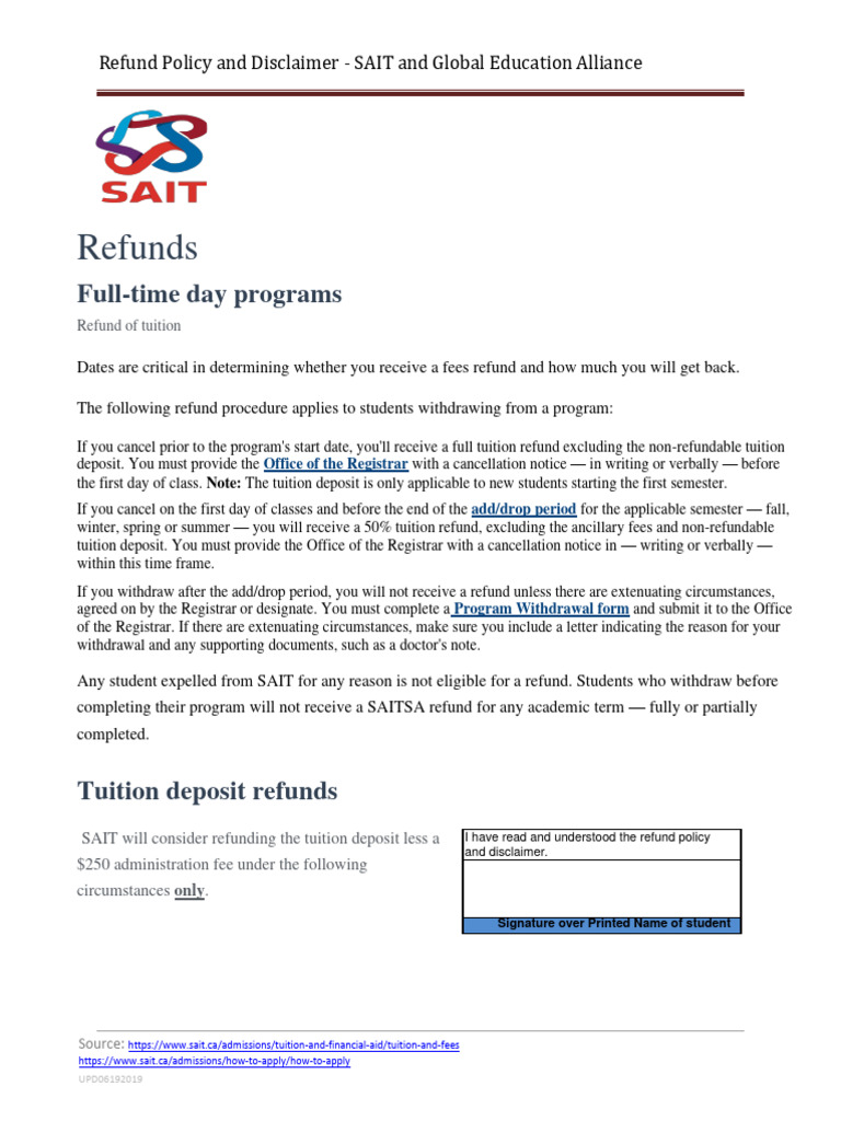 SAIT Tuition Refund Policy Overview | PDF | Tuition Payments | Payments