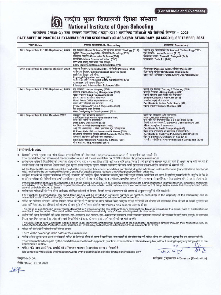 Nios Date Sheet October 2023 Practical | PDF