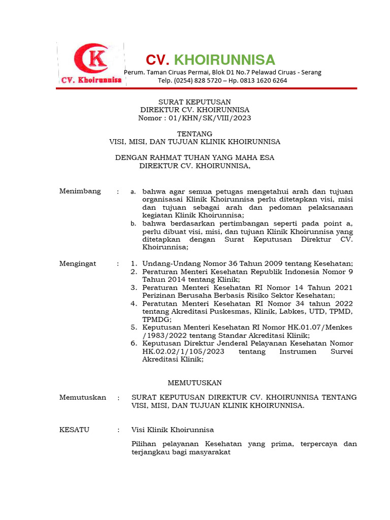 SK Visi Misi | PDF | Pengelolaan Keuangan & Uang | Kesehatan Holistik