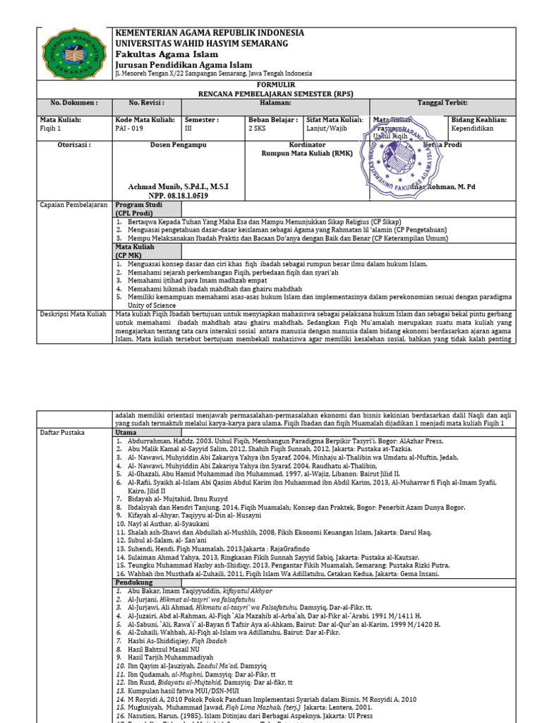 Rencana Pembelajaran Fiqih 1 PAI | PDF | Sains & Matematika | Agama & Spiritualitas