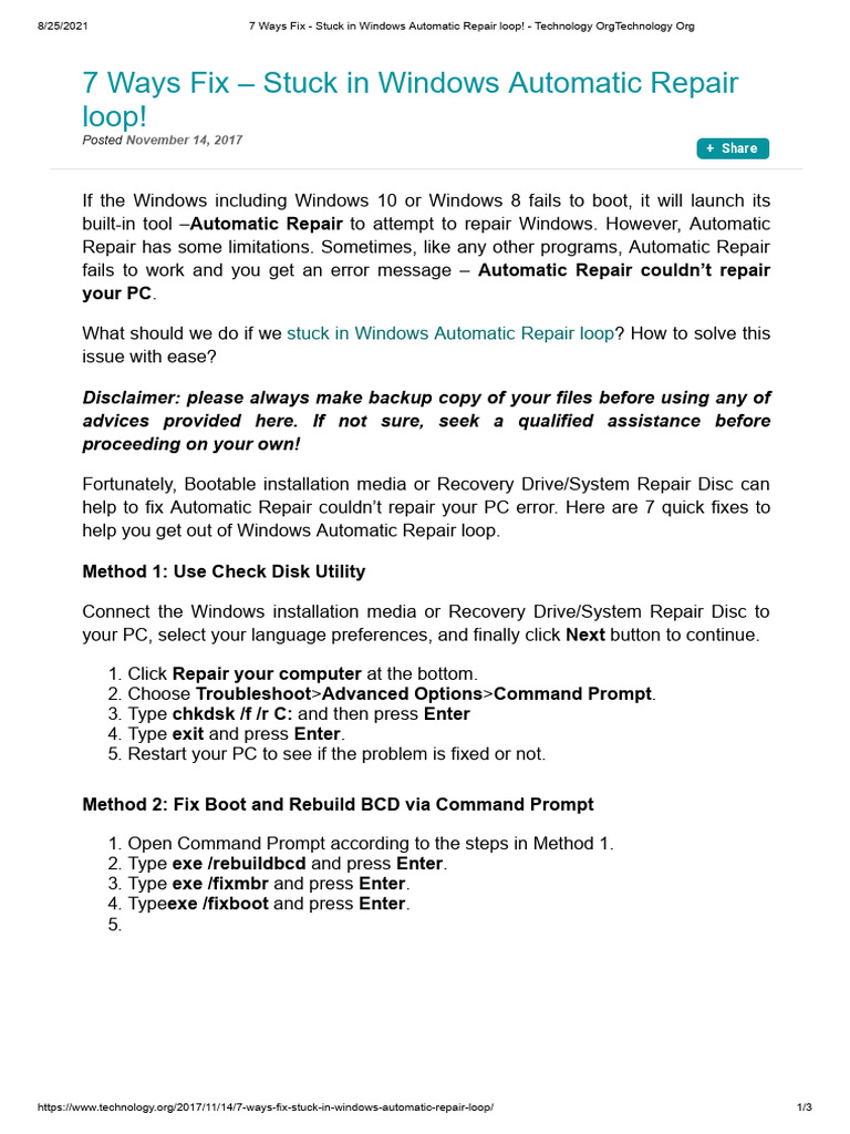 7 Ways Fix - Stuck in Windows Automatic Repair Loop! - Technology ...