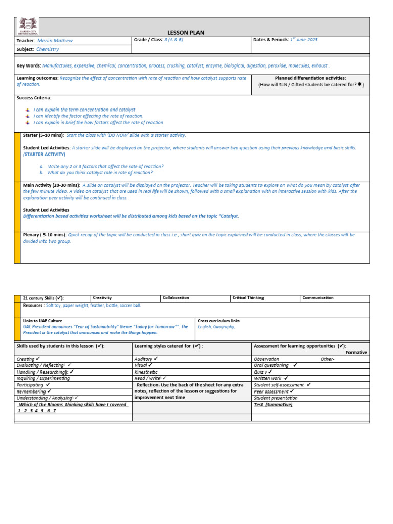Lesson Plan - Grade 8 | PDF | Catalysis | Learning