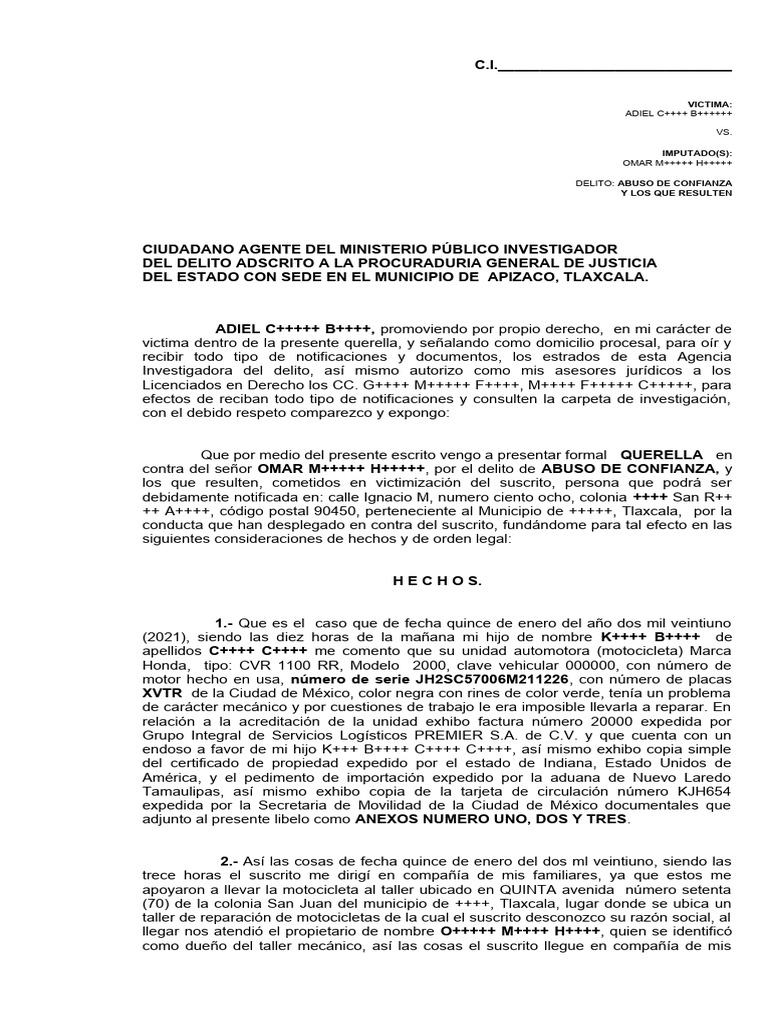 Formato de Querella Por Abuso de Confianza Para El Estado de Tlaxcala | PDF | Queja | Victimologia