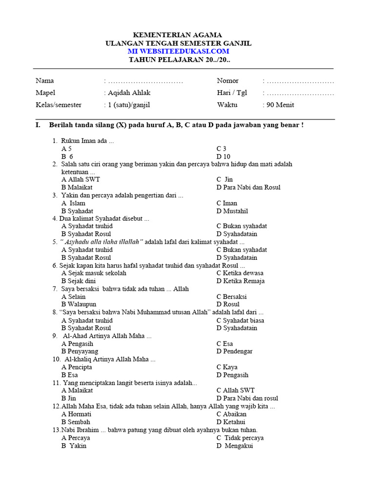 Soal PTS Akidah Akhlak Kelas I - End | PDF