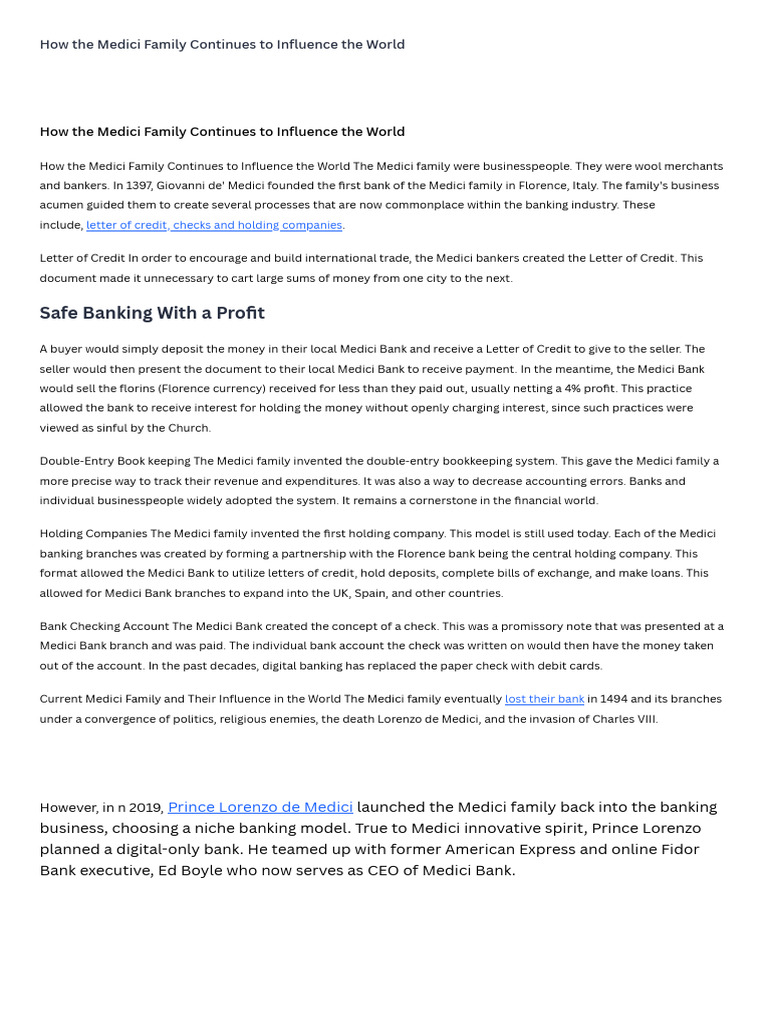 How The Medici Family Continues To Influence The World | PDF | Banks ...