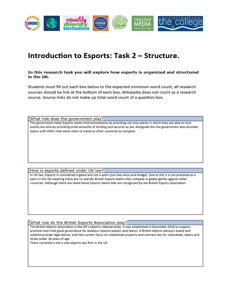 Introduction To Esports Research Task 2 | PDF | Sports