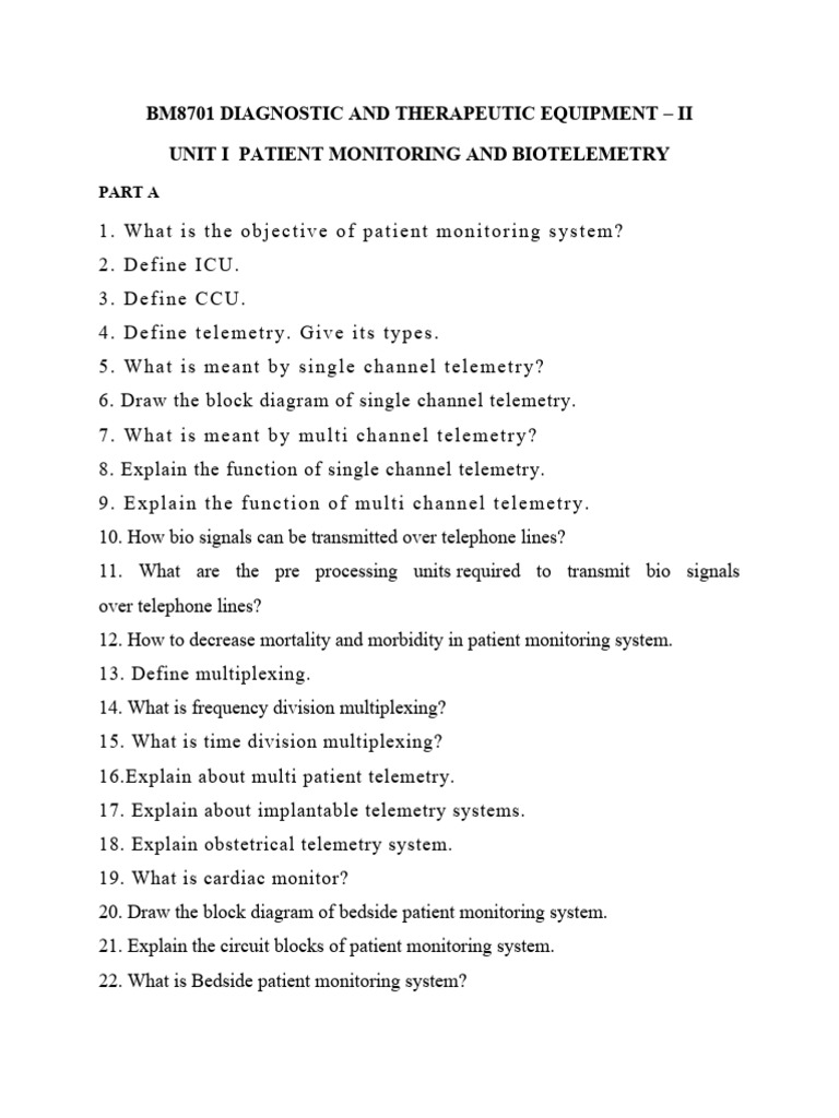 Bm8701 Diagnostic and Therapeutic Equipment - Ii Unit I Patient Monitoring and Biotelemetry | PDF