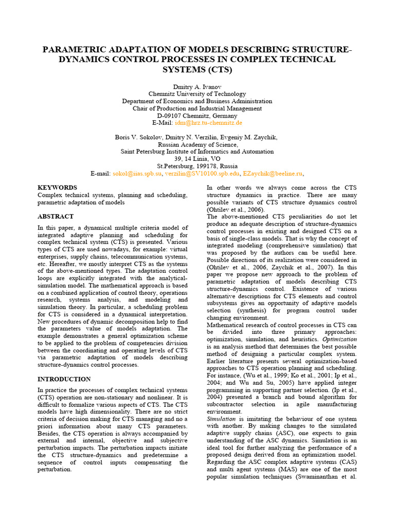 Parametric Adaptation of Models Describing Structure-Dynamics Control ... Parametric Adaptation of Models Describing Structure-Dynamics Control ...
