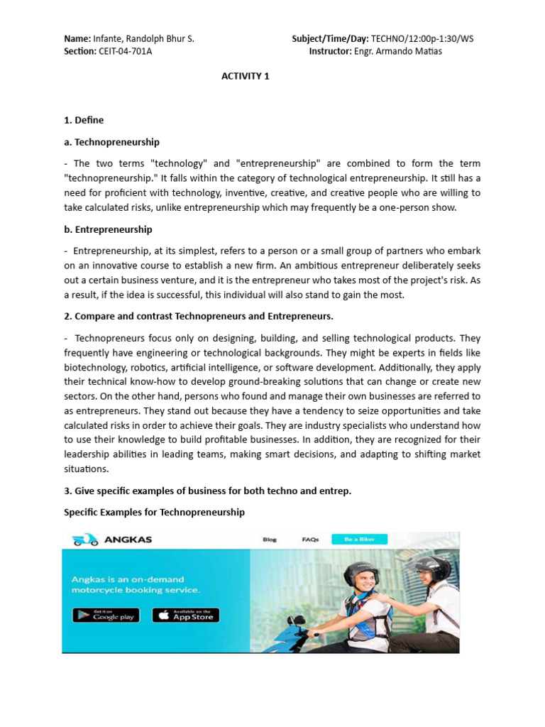 Activity 1 Infante Ceit-04-701a Techno | PDF | Entrepreneurship | Economies
