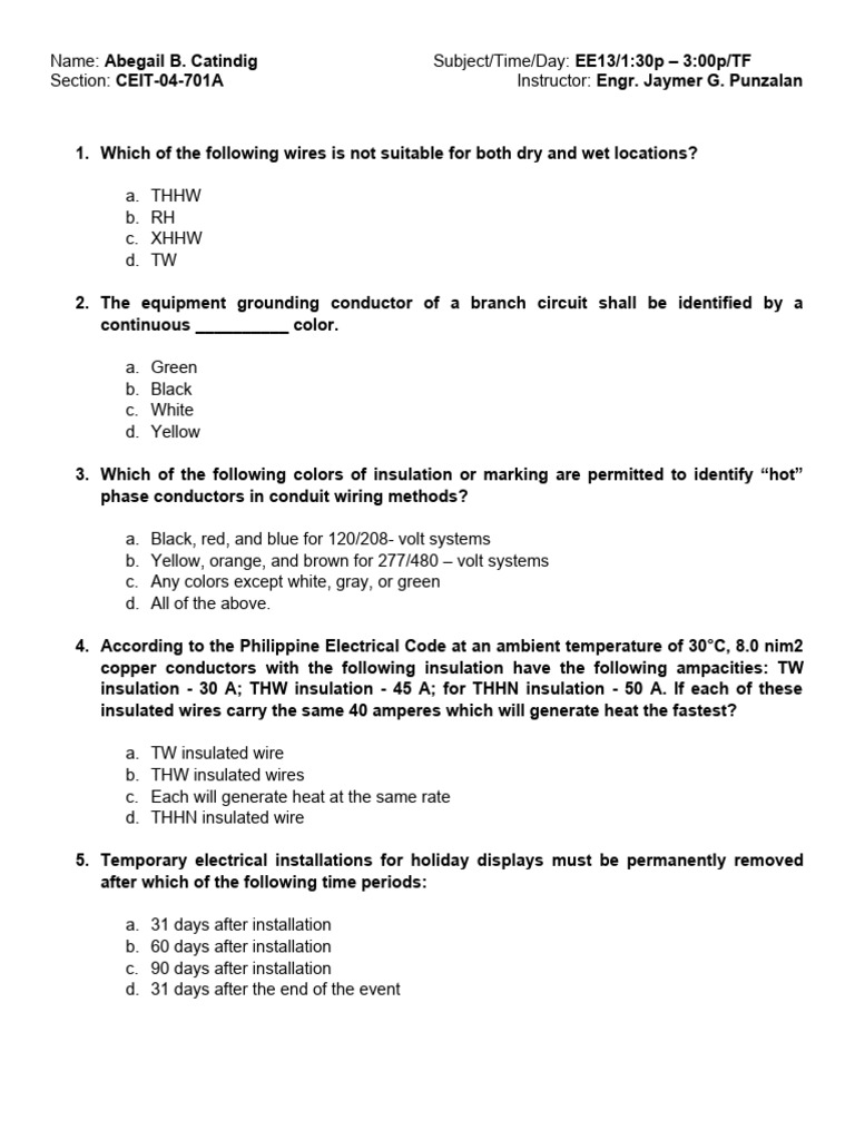 CATINDIG EE13 Presentation 10 QuestionsAug 29 CEIT 04 701A | PDF | Electrical Wiring | Equipment