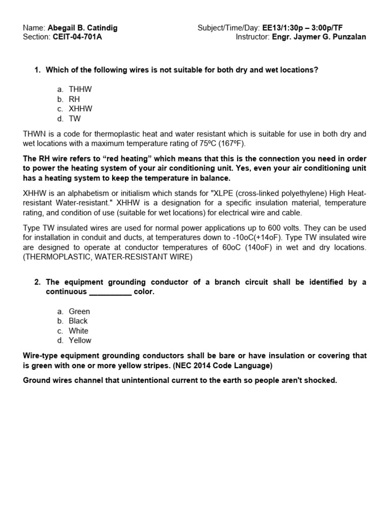 CATINDIG EE13 Presentation 10 Questionsaug 29 - CEIT 04 701A | PDF | Electrical Wiring | Materials