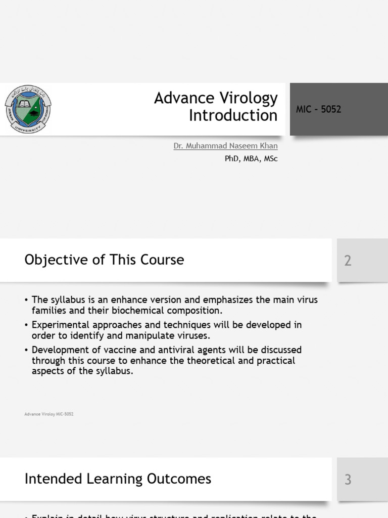 Lecture 01 - Advance Virology Introduction Online | PDF | Virus | Virology