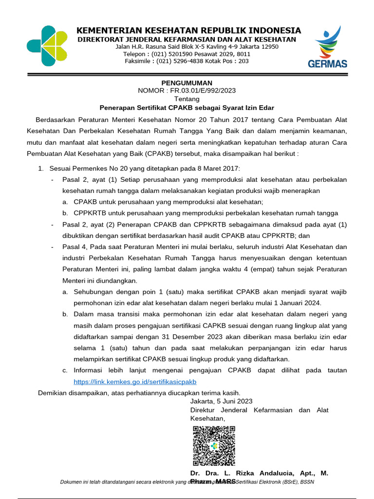 Sertifikat CPAKB Wajib Izin Edar 2024 | PDF