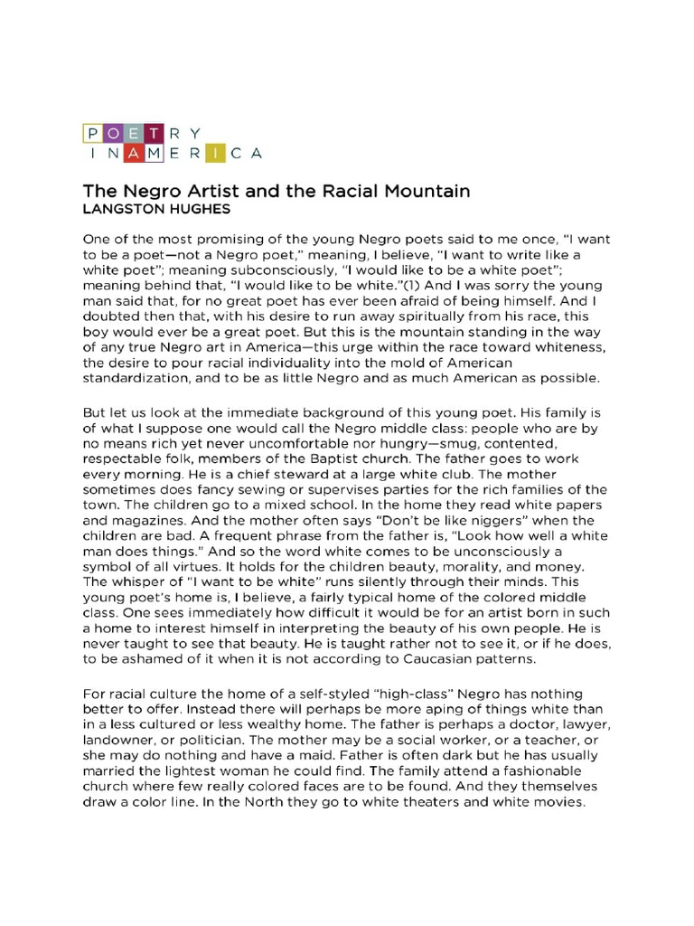 Langston Hughes The Negro Artist and The Racial Mountain | PDF