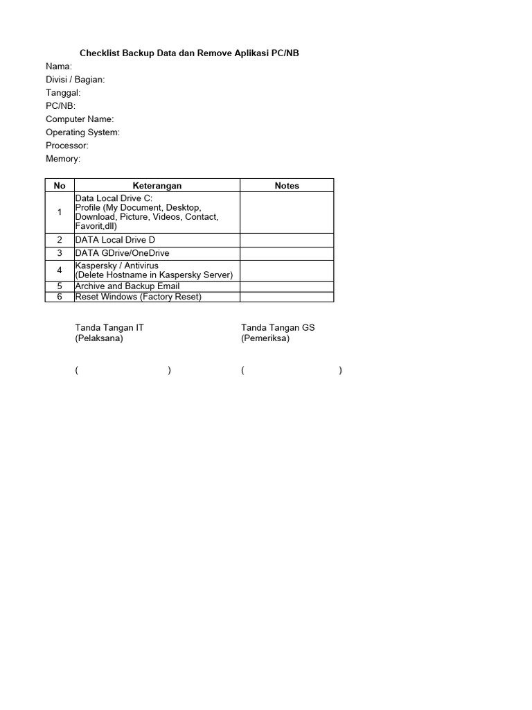 Form Checklist Backup Dan Penghapusan Aplikasi PC&NB | PDF