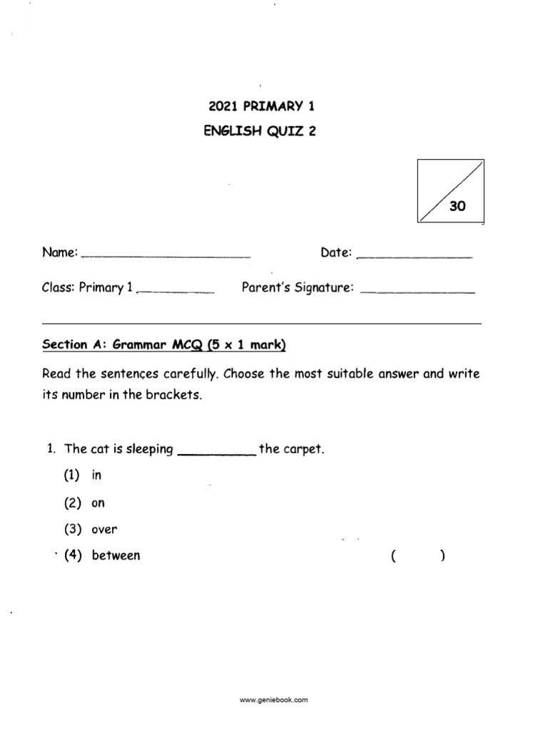 Primary 1 - English - 2021 - Topical Assessment - 2 | PDF