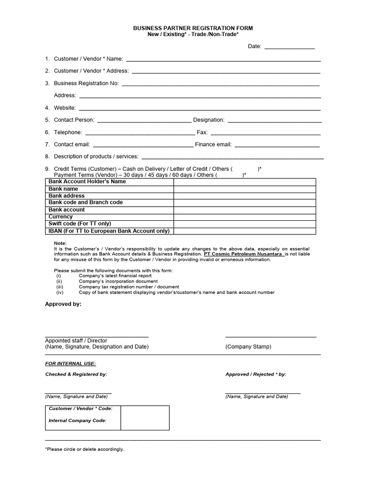 PT CPN - Business Partner Registration Form | PDF | Banks | Personal ...