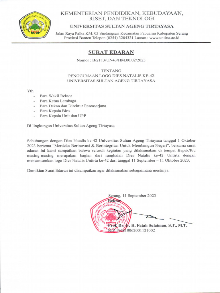 Surat Edaran Logo Dies Natalis 42 Untirta | PDF