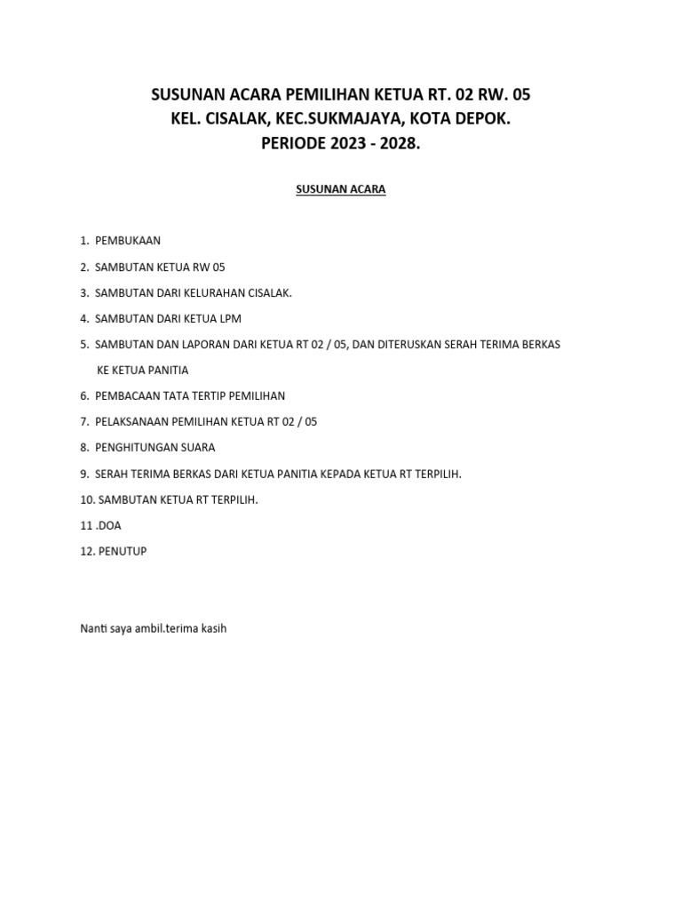 Susunan Acara Pemilihan Ketua RT | PDF Susunan Acara Pemilihan Ketua RT | PDF