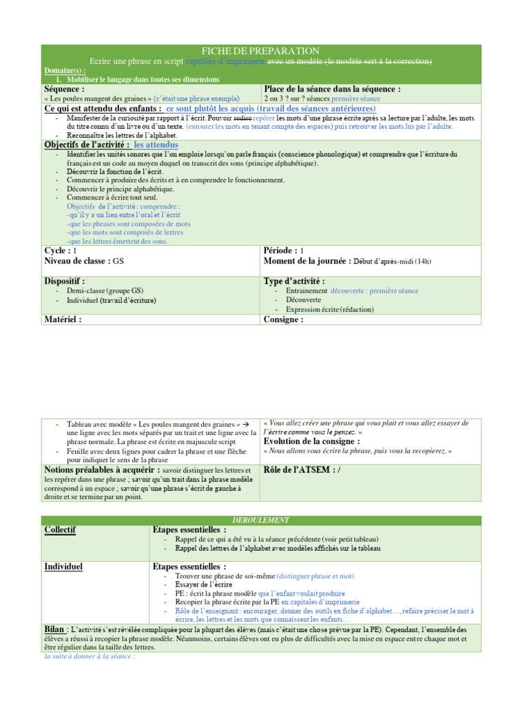 Fiche de préparation : Écriture en GS | PDF | Écriture bicamérale ...