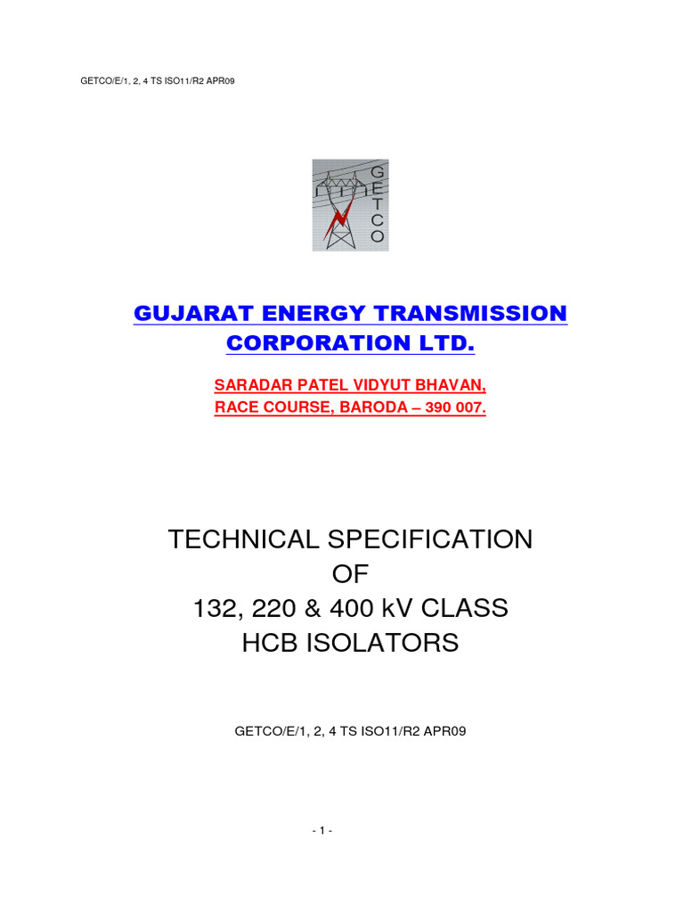 GETCO TECHNICAL SPECIFICATION OF 132, 220 & 400 KV Isolators | PDF | Switch | Alternating Current