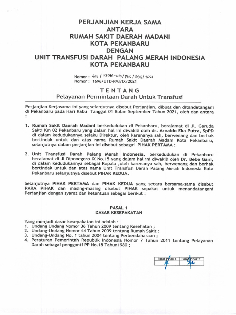 MOU Dengan UNIT TRANSFUSI DARAH PMI | PDF