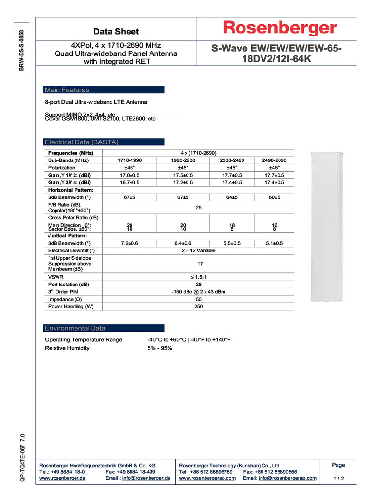 8 Port Rosenberger-S-Wave - EW - EW - EW - EW-65-18DV2 - 12I-64K - DE | PDF