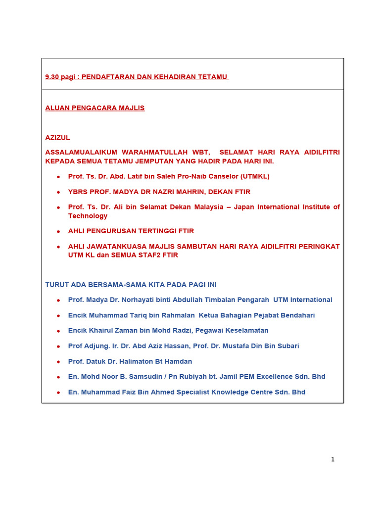 SKRIP EMCEE - HARI RAYA UTMKL 2018 - Edited by SS | PDF