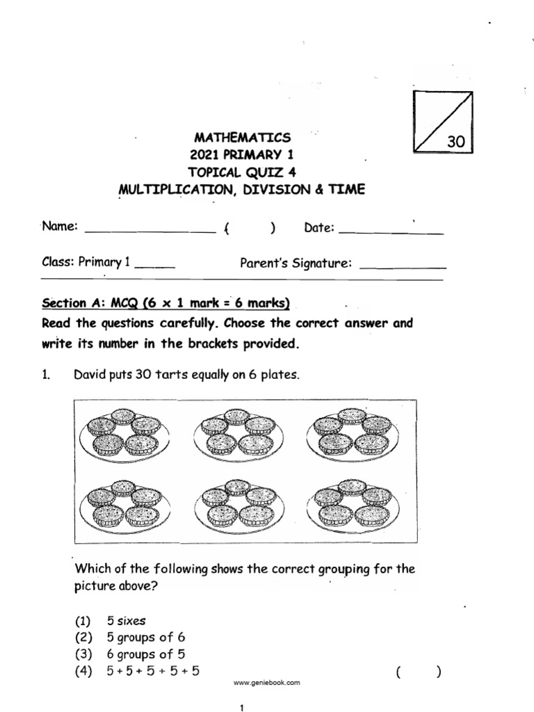Primary 1 Math Quiz: Multiplication & Time | PDF