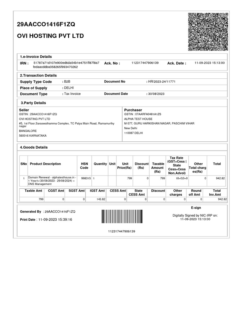 29AACCO1416F1ZQ Ovi Hosting PVT LTD: 1.e-Invoice Details Irn: Ack. No: Ack. Date | PDF ...