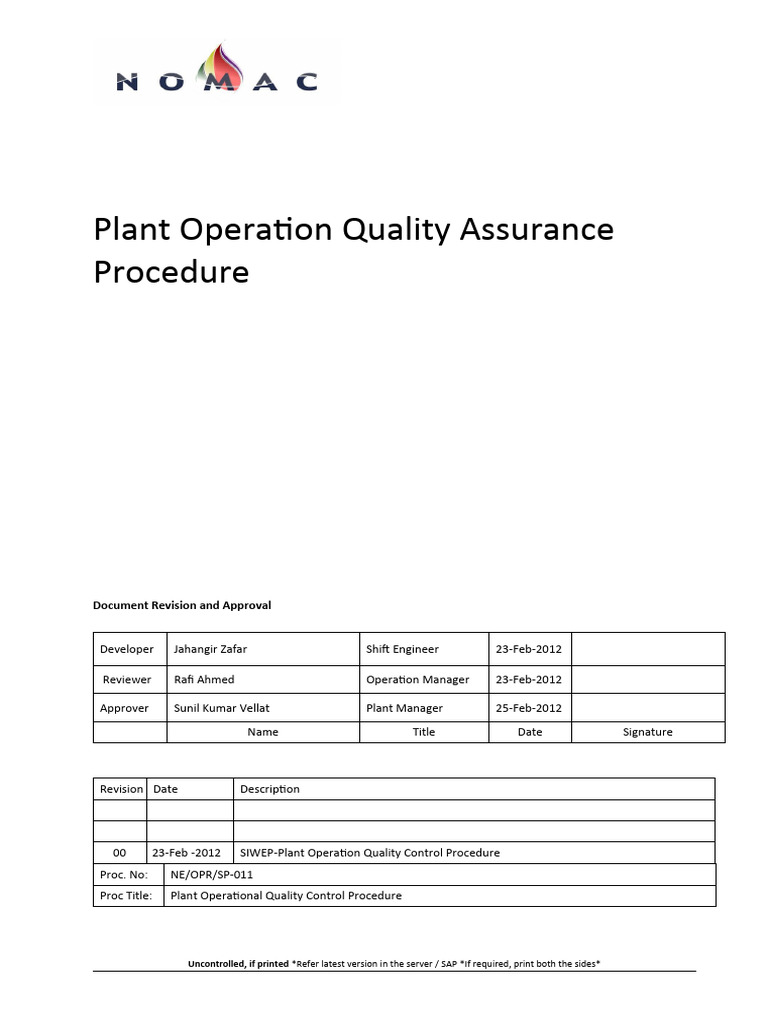 NEOPRSP011 - Rev. 00 - Pages 11 - Plant Operation Quality Assurance ...