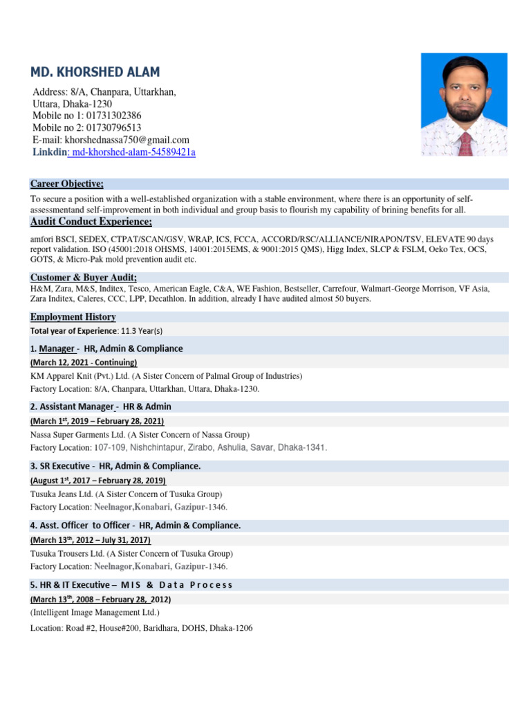 Resume of Md. Khorshed Alam | PDF | Regulatory Compliance | Audit