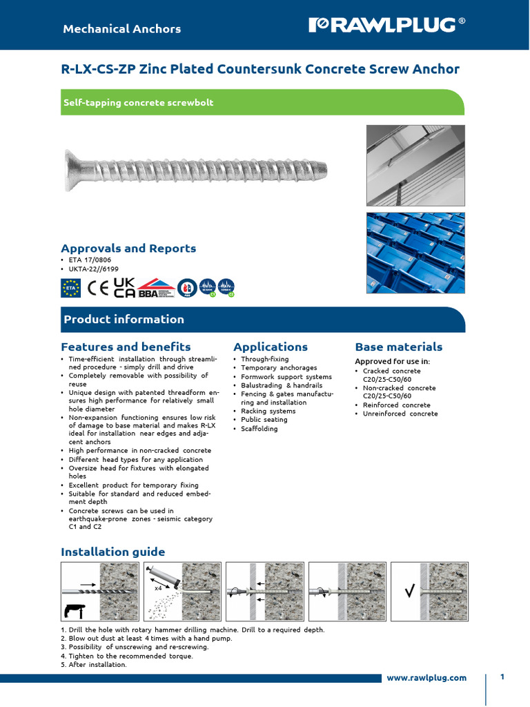 RAWLPLUG - EN.R-LX-CS-ZP Zinc Plated Countersunk Concrete Screw Anchor | PDF | Drill | Screw