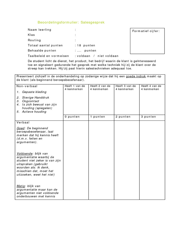 Beoordelingsformulier en Normeringstabel Salesgesprek | PDF
