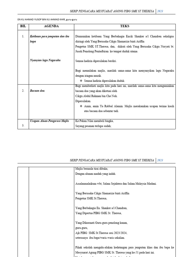 Teks MC Mesyuarat Agung Pibg Kali Ke-51 SMK Stheresa 2020 | PDF