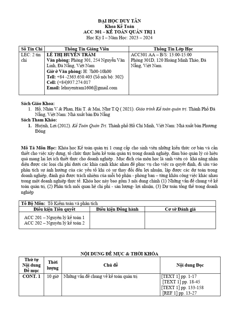 ACC 301 - Ke Toan Quan Tri 1 - 2023F - Syllabus | PDF